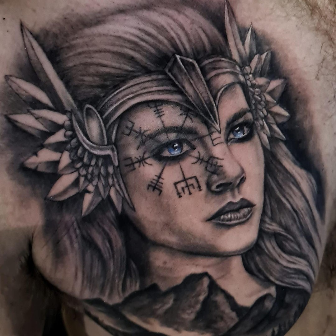 Woman Warrior Chest Color Tattoo - TattoosAll